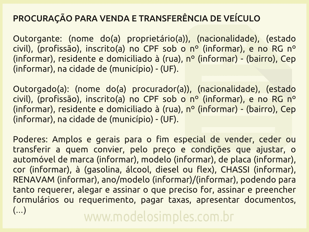 Modelo De Procuração Para Venda De Veículo Modelos Simples - Revisao